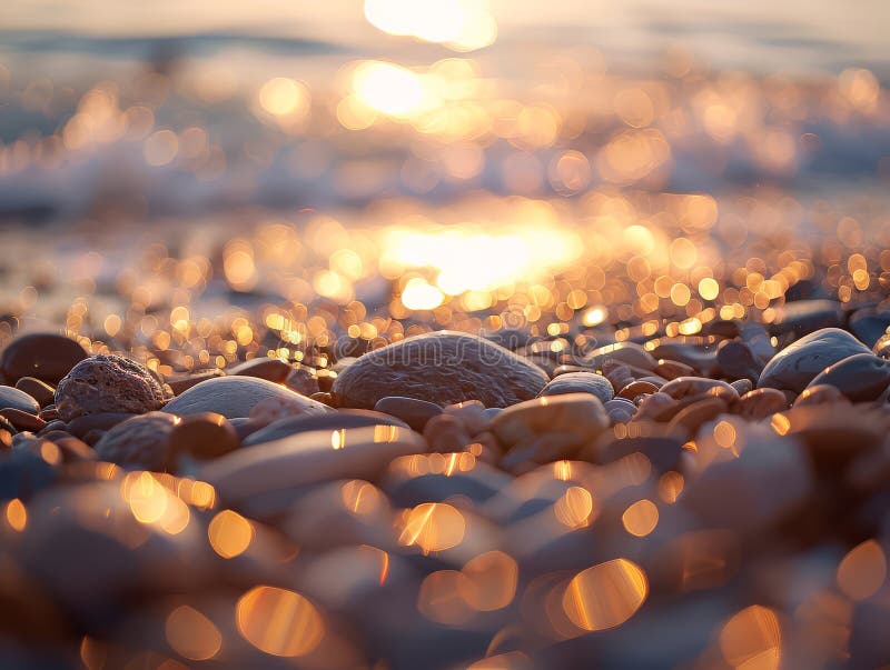 Pebbles Scatter on Beach, Sunset Casts Warm Water Glow Stock ...