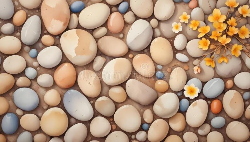 Pebbles Texture Background with Bright Flower Petals Scattered among ...