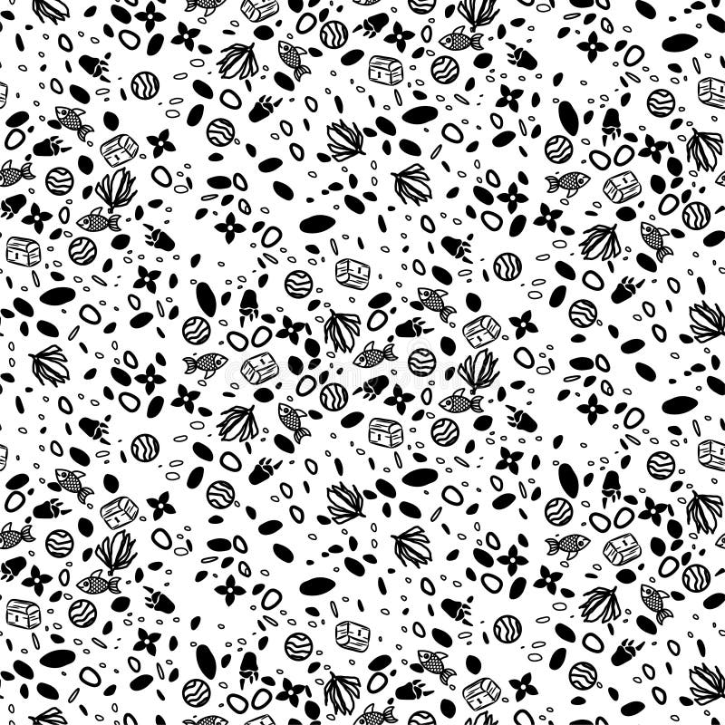 Pebbles and Treasure Sea Shells Illustration Seamless Pattern Black and ...