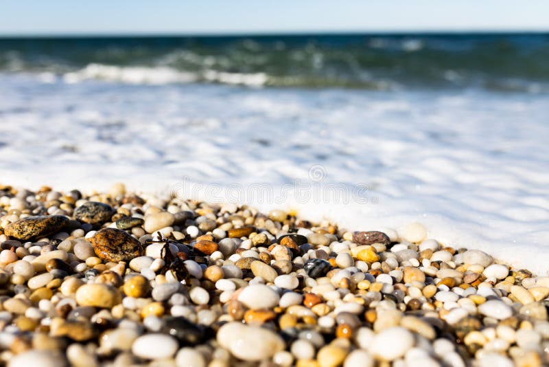 Pebbles and White Snow Covering Seashore Stock Image - Image of natural ...
