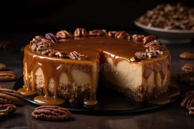 Pecan and Caramel Cheesecake with Graham Cracker Crust Stock ...