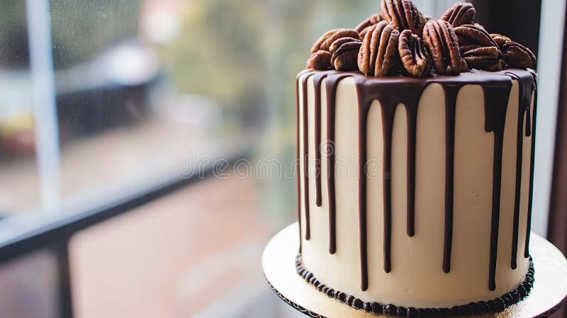 Pecan Chocolate Drip Cake Bakery Window Display Stock Photo - Image of ...