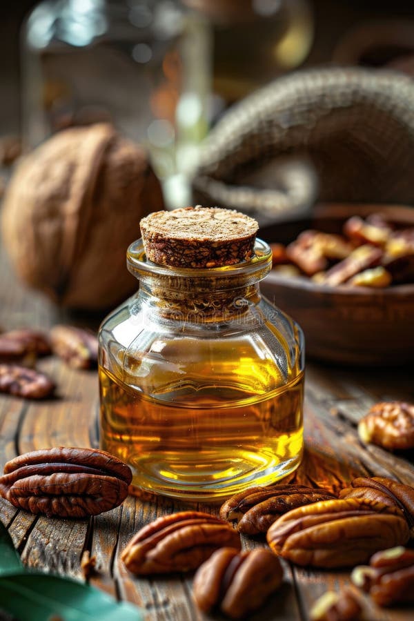 Pecan Essential Oil. Selective Focus Stock Illustration - Illustration of generated, natural ...