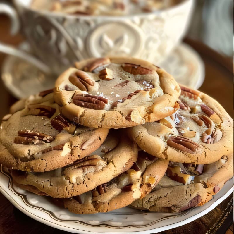 Pecan Nuts Cookies on a Plate with a Cup of Coffee Stock Illustration ...