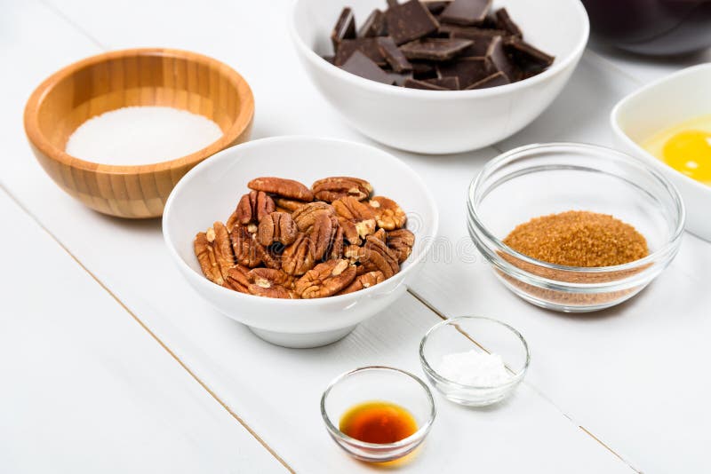 Pecan Nuts, Dark Chocolate Pieces, Sugar and Egg Yolk Stock Image ...