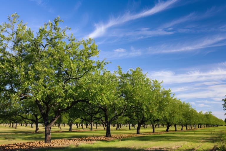 Pecan Trees Lined Up in an Orchard with Blue Sky Stock Image - Image of ...