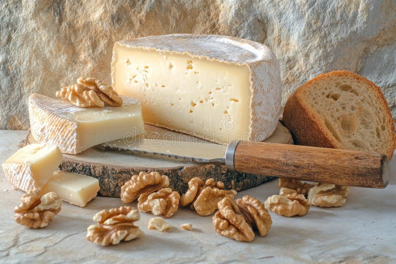 Pecorino Romano Cheese with Walnuts and Bread on a Rustic Table Stock ...