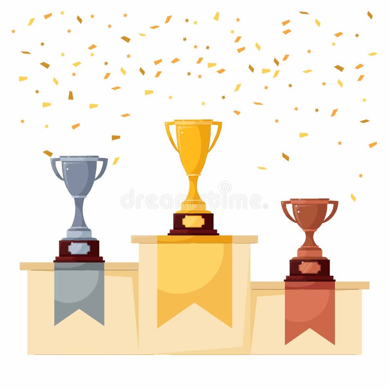 Cups for Prizes on a Pedestal with Falling Confetti. Sports Awards in ...
