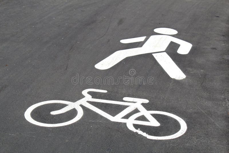 Pedestrian Bike Path Sign Drawn on Asphalt with White Paint. Stock ...