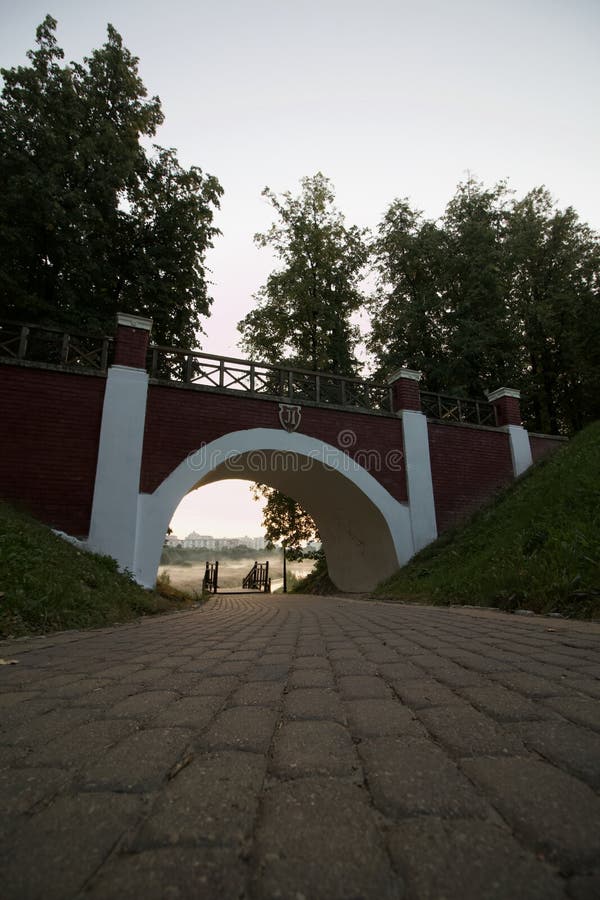 Pedestrian Bridge with an Arch in the City Park. the Camera Installed ...