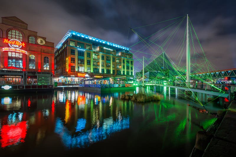 Pedestrian Bridge and Buildings at the Inner Harbor at Night, in ...