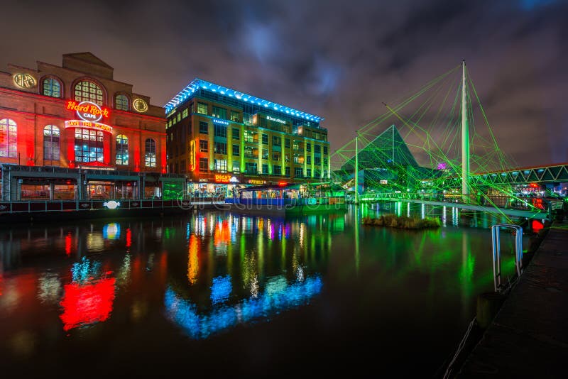 Pedestrian Bridge and Buildings at the Inner Harbor at Night, in ...