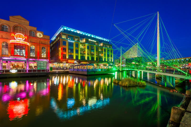 Pedestrian Bridge and Buildings at the Inner Harbor at Night, in ...