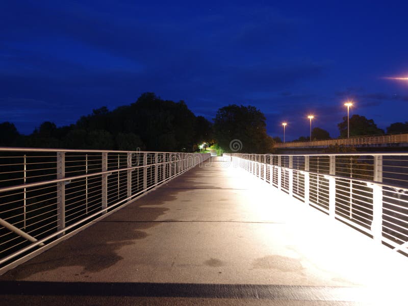 Pedestrian Bridge with Drive at Night Stock Image - Image of modern ...