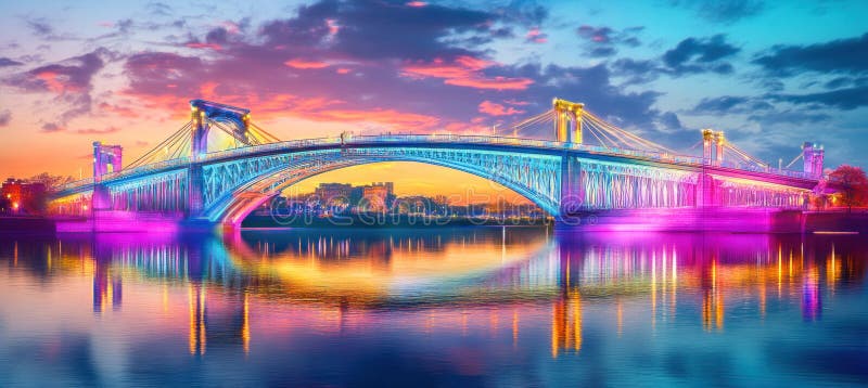 Pedestrian Bridge Glowing with Neon Lights at Sunset Stock Image ...