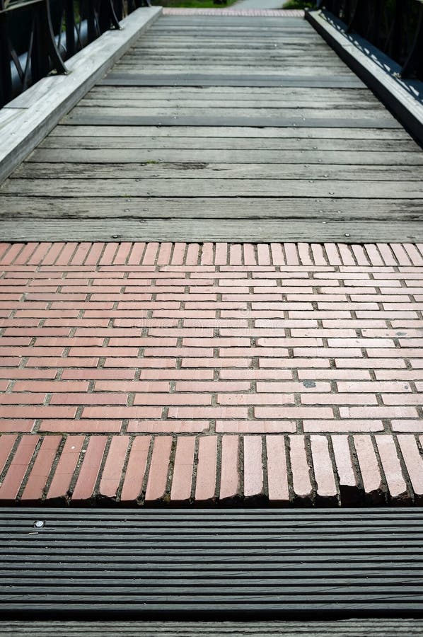 Pedestrian Bridge Made of Red Brick and Wood. Stock Image - Image of ...