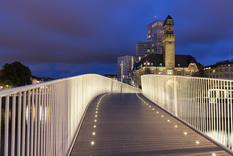 Pedestrian Bridge in Malmo at Night Stock Image - Image of reflection ...