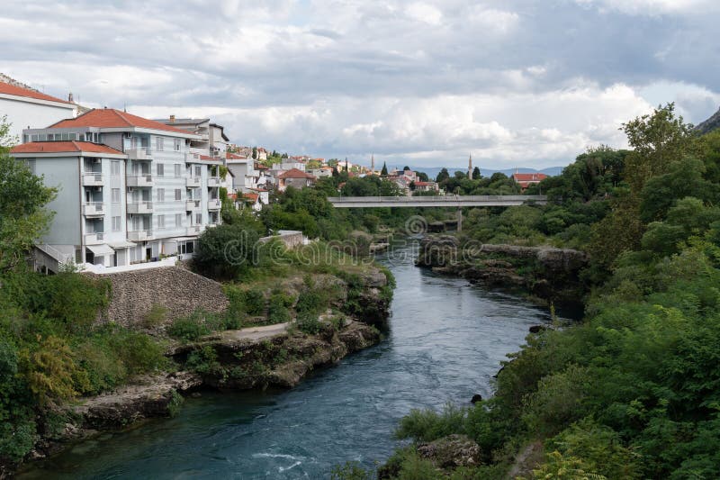 Pedestrian Bridge in Mostar Over Neretva River Editorial Photo - Image ...