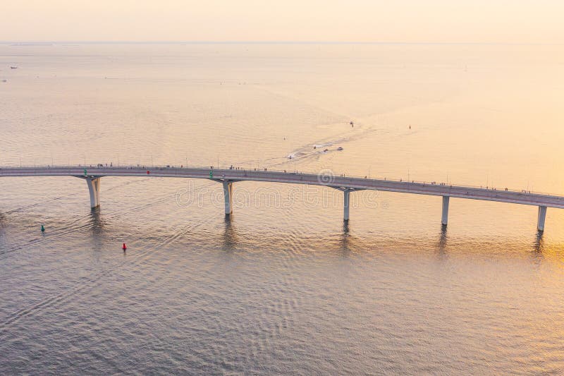 Pedestrian Bridge Over the Bay at Sunset, Aerial View Stock Image ...