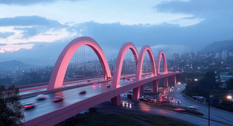 A Pedestrian Bridge with Vehicles and an Individual Crossing Over Stock ...