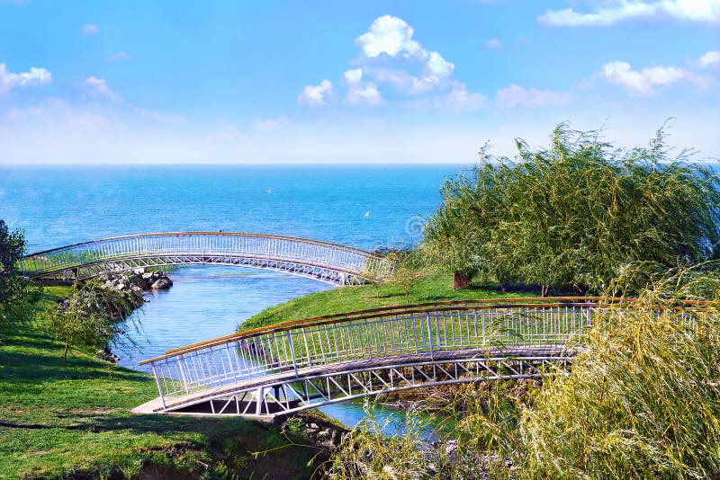 Pedestrian Bridges Across the River Stock Photo - Image of botany ...