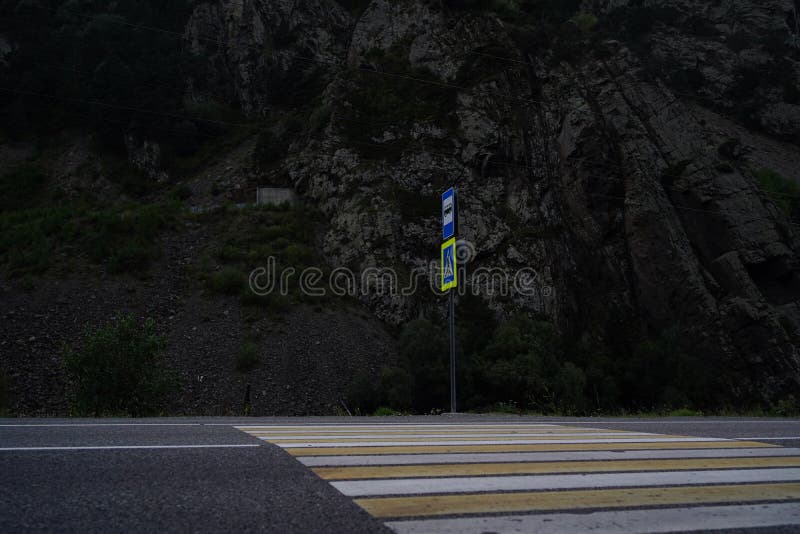 Pedestrian Crosswalk with Signs in Mountainous Areas. Stock Image ...