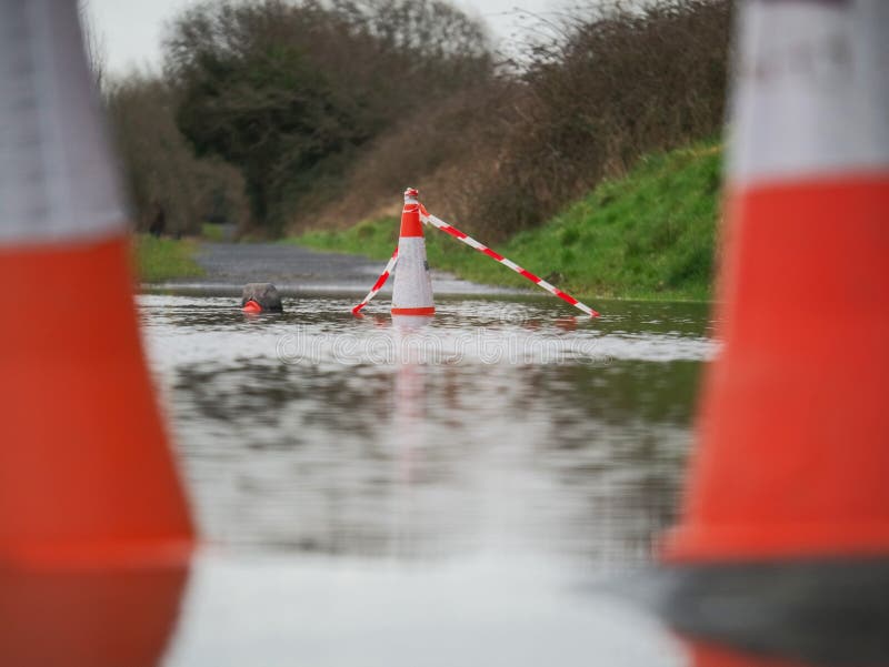 Pedestrian Foot Path Flooded, Red Warning Security Cones Indicate ...