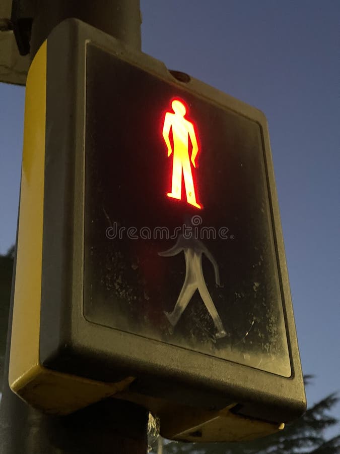 Pedestrian Lights Glowing Red Against Evening Sky Stock Image - Image ...