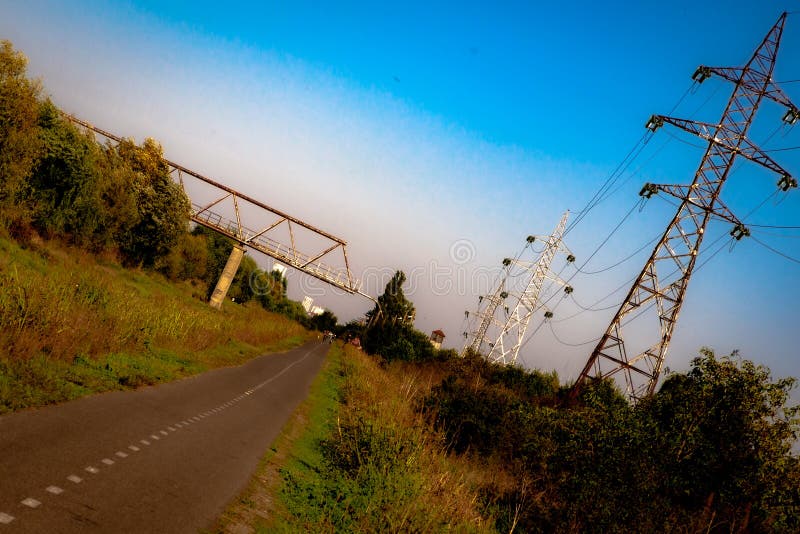 Pedestrian Path Along with High Voltage Power Line Stock Image - Image ...