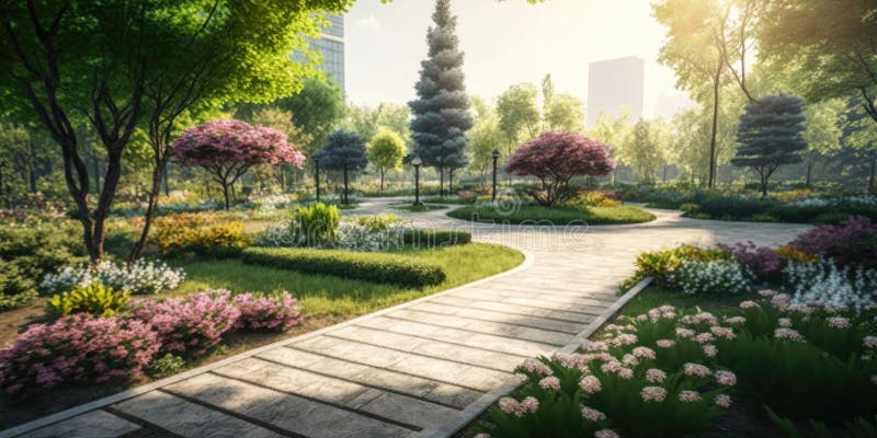 Pedestrian Path in the Spring City Park. Generative Ai Stock ...