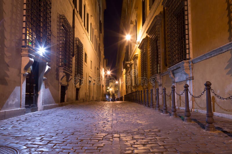Pedestrian Paths between Buildings in Central Rome at Night Stock Photo ...