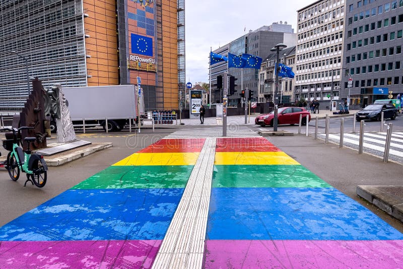 Pedestrian Rainbow Colored Zebra Crossing Markings In Lgbt Colors Editorial Photo Image Of