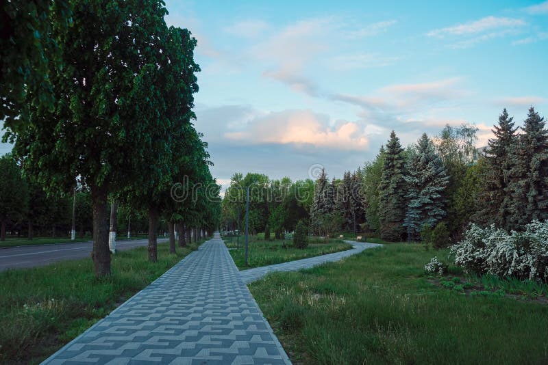 Pedestrian Sidewalk, Path at the Empty Street. Neighborhood Scenery ...