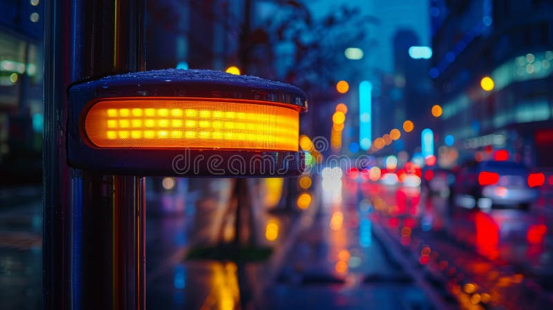 Pedestrian Signal at Night with Traffic. Stock Image - Image of street ...