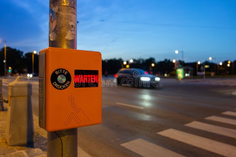 Pedestrian Zebra Crossing with Text Telling People To Wait and Press ...