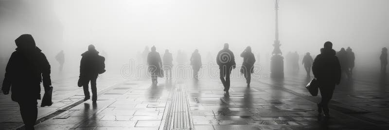 Pedestrians Walk Cautiously Their Steps Disappearing into the Mist ...