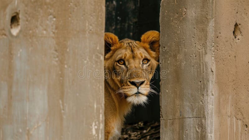 Peek a Boo Lions Hiding Behind a Wall Stock Photo - Image of portrait ...