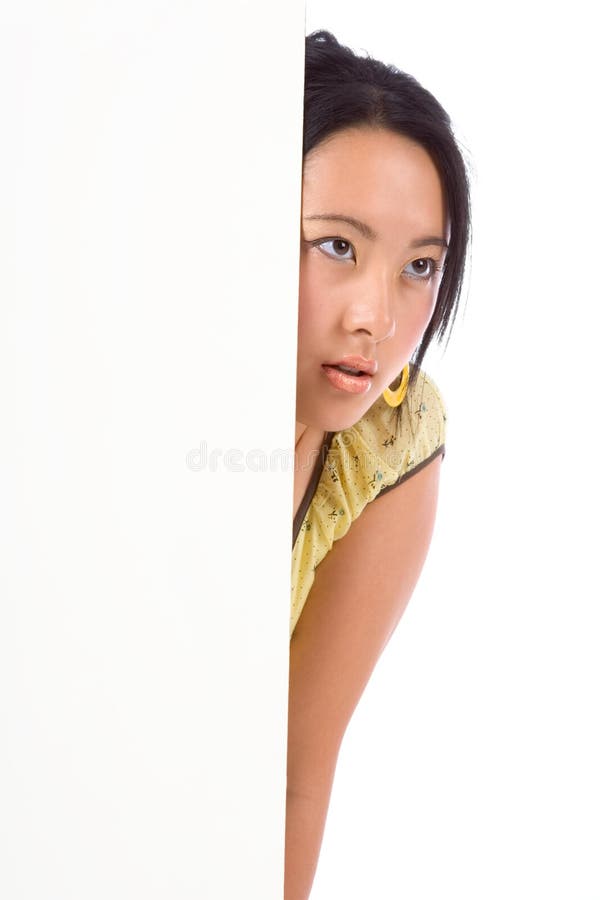 Peeking Asian Woman from Behind of White Card Stock Image - Image of ...