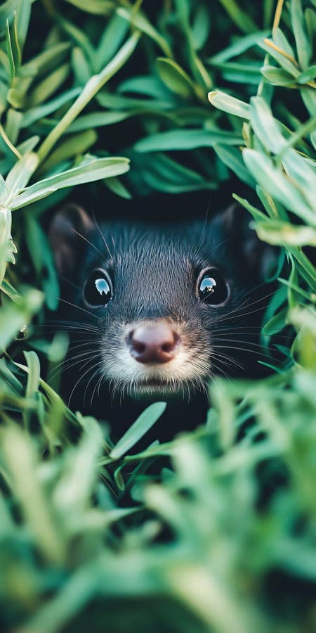 Peeking through Greenery Portrait of an Adorable Mink Exploring Summer ...