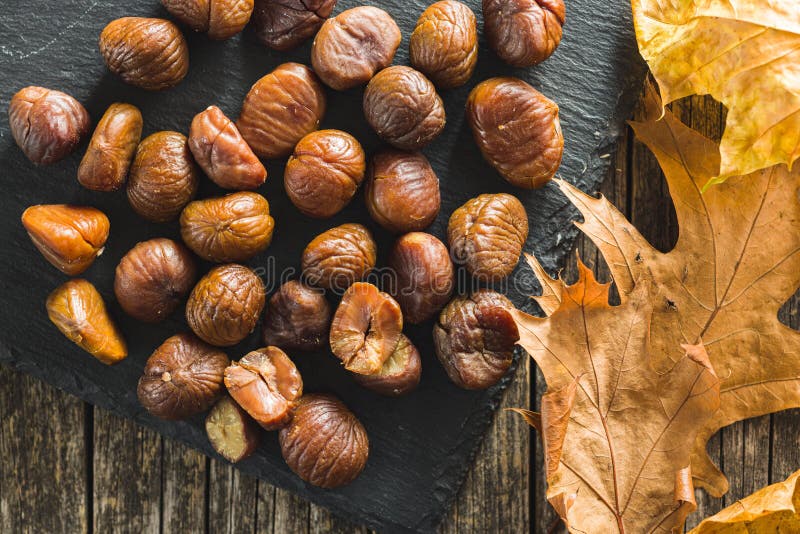 Peeled Chestnuts. Sweet Roasted Chestnuts on Cutting Board. Top View ...
