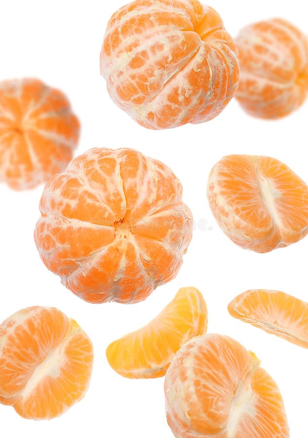 Peeled Fresh Tangerines Falling on White Background Stock Photo - Image ...
