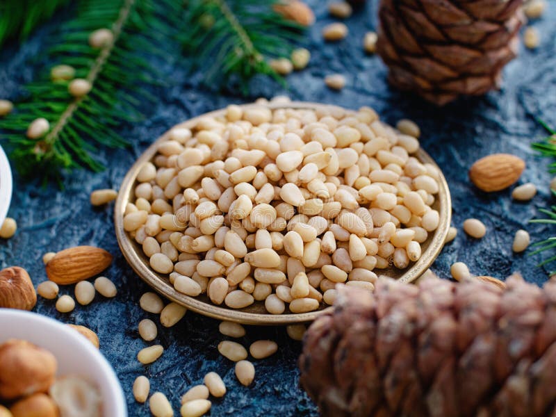 Peeled Pine Nuts Lie in Plate among Cones. Still Life of Pine Nut ...