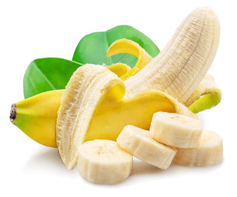 Banana Cuts in Banana Peel Over Green Banana Leaves Isolated on White ...
