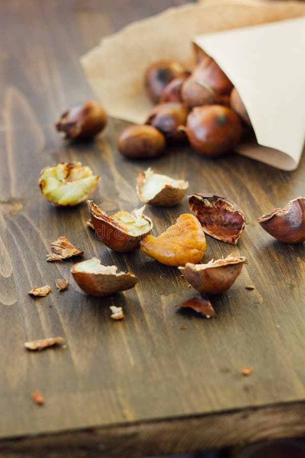 Peeled Roasted Chestnuts with Paper Cornet on Table Stock Photo - Image ...