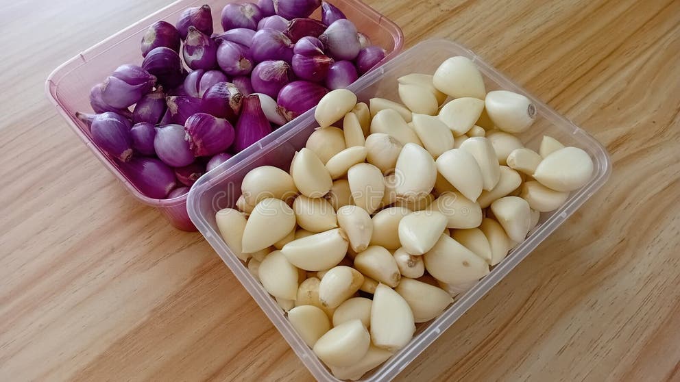 Peeled Shallots and Garlic Ready To Use Stock Photo - Image of kitchen ...