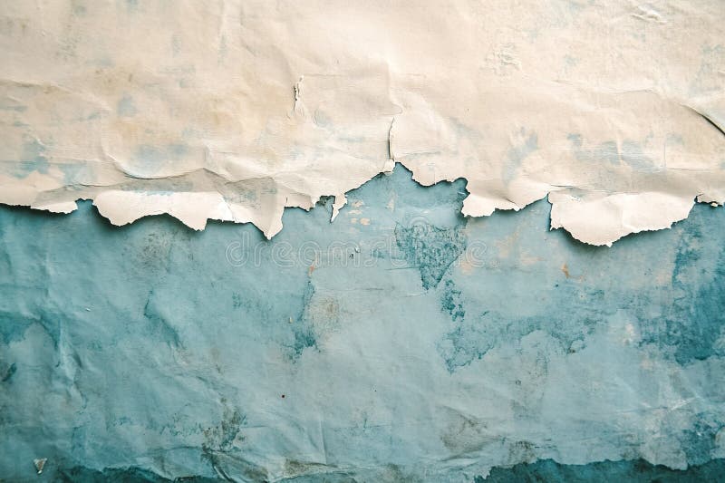 Peeling Aged White Paper Over Worn Textured Blue Wall Creating Abstract ...