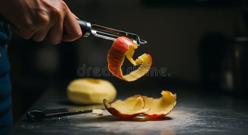 Peeling Fresh Apple with Peeler for Healthy Cooking Preparation in ...