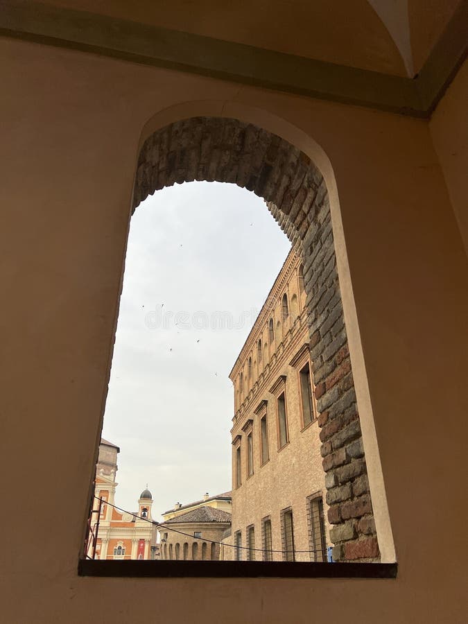 Peering through a Window at the Brick Building Under the Sky Stock ...