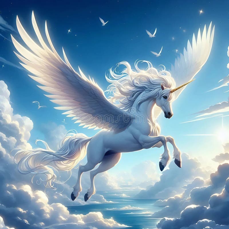 Pegasus flying through air stock illustration. Illustration of pegasus - 342265920
