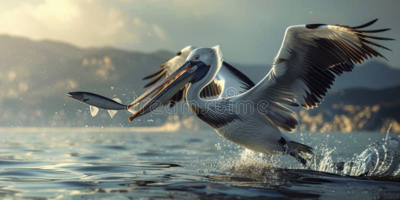 Pelican Catching Fish in Mid Air. Created by Generative Artificial ...